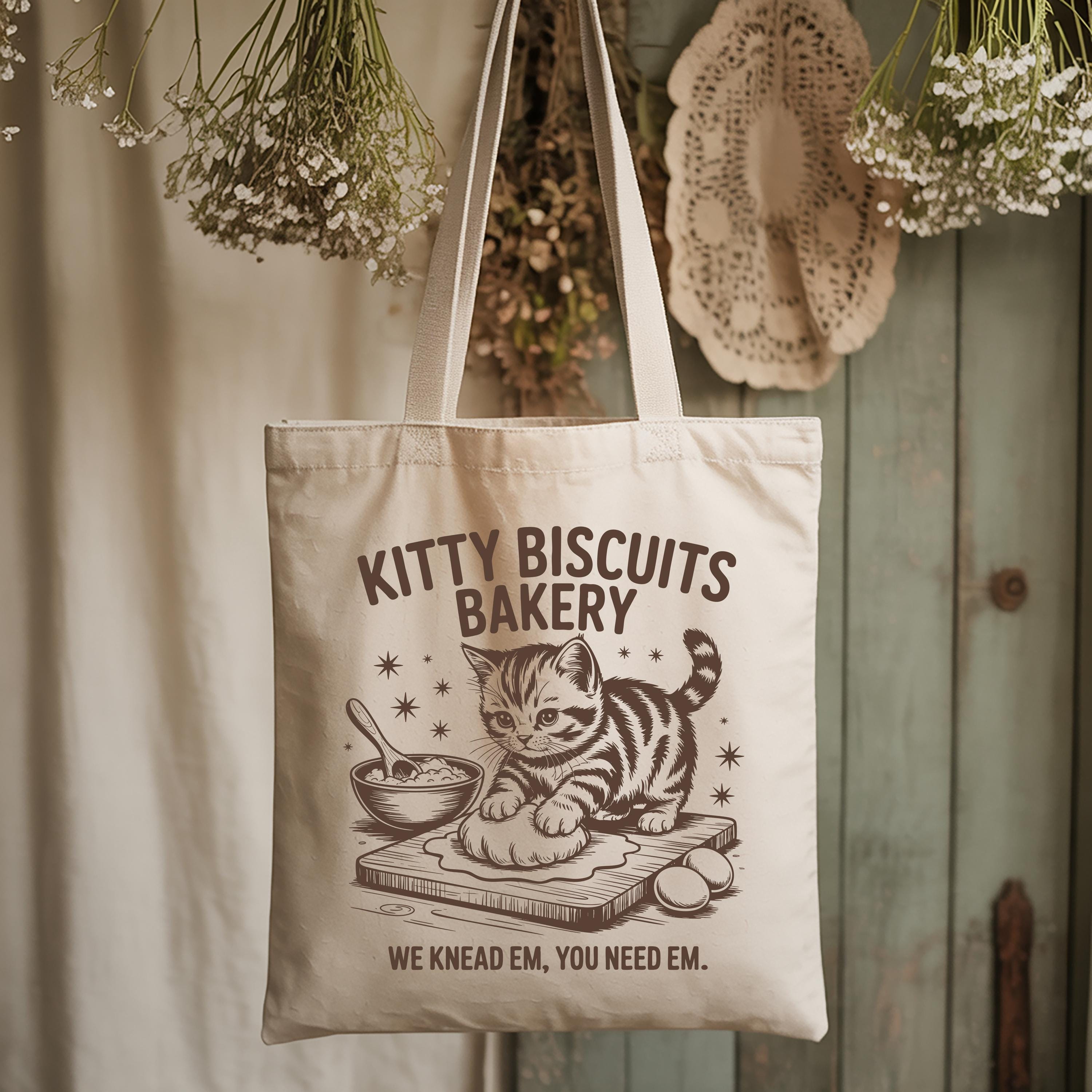 Funny Cat Tote Bags: Kitty Biscuits Bakery Totes, Vintage Style, Retro ...