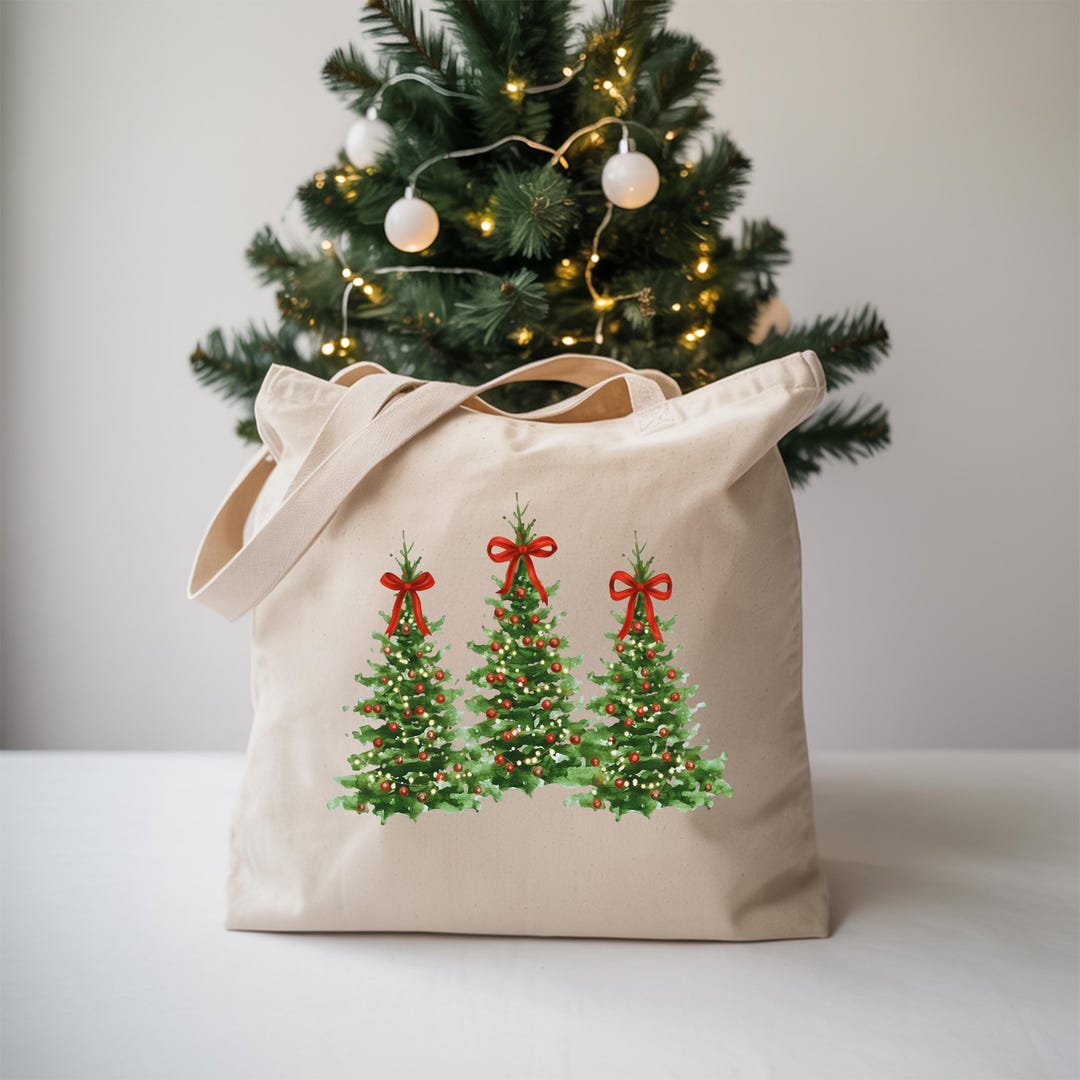 Christmas Tree Tote Bag: Watercolor Trees Holiday Cotton Canvas Bag - Etsy