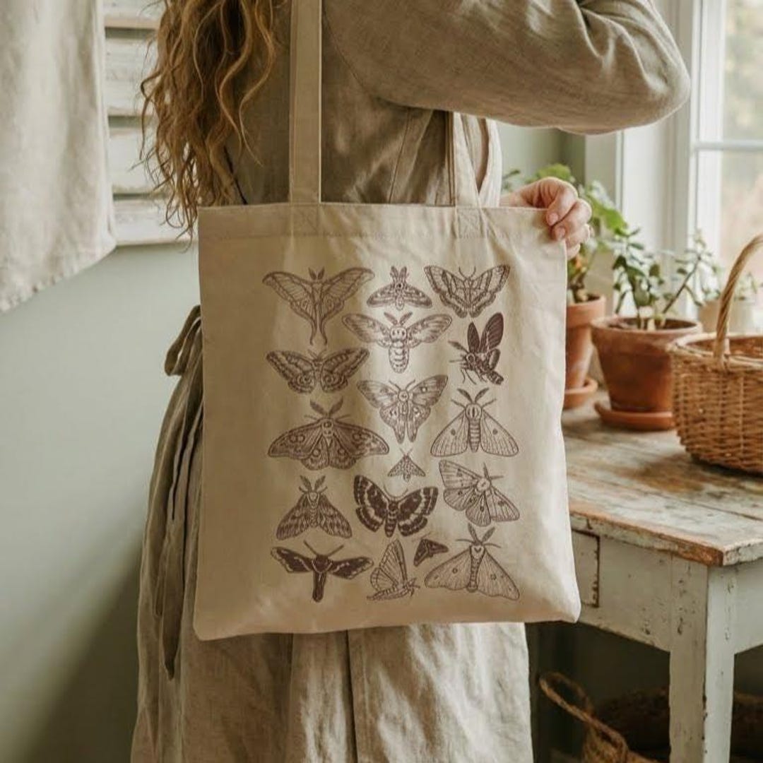 Vintage Cottagecore Moth Tote Bag: Handrawing Style, Handmade Cotton ...