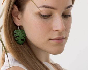 Monstera Leaf Earrings Green Clay Sculpted Long Dangle Drop | Etsy