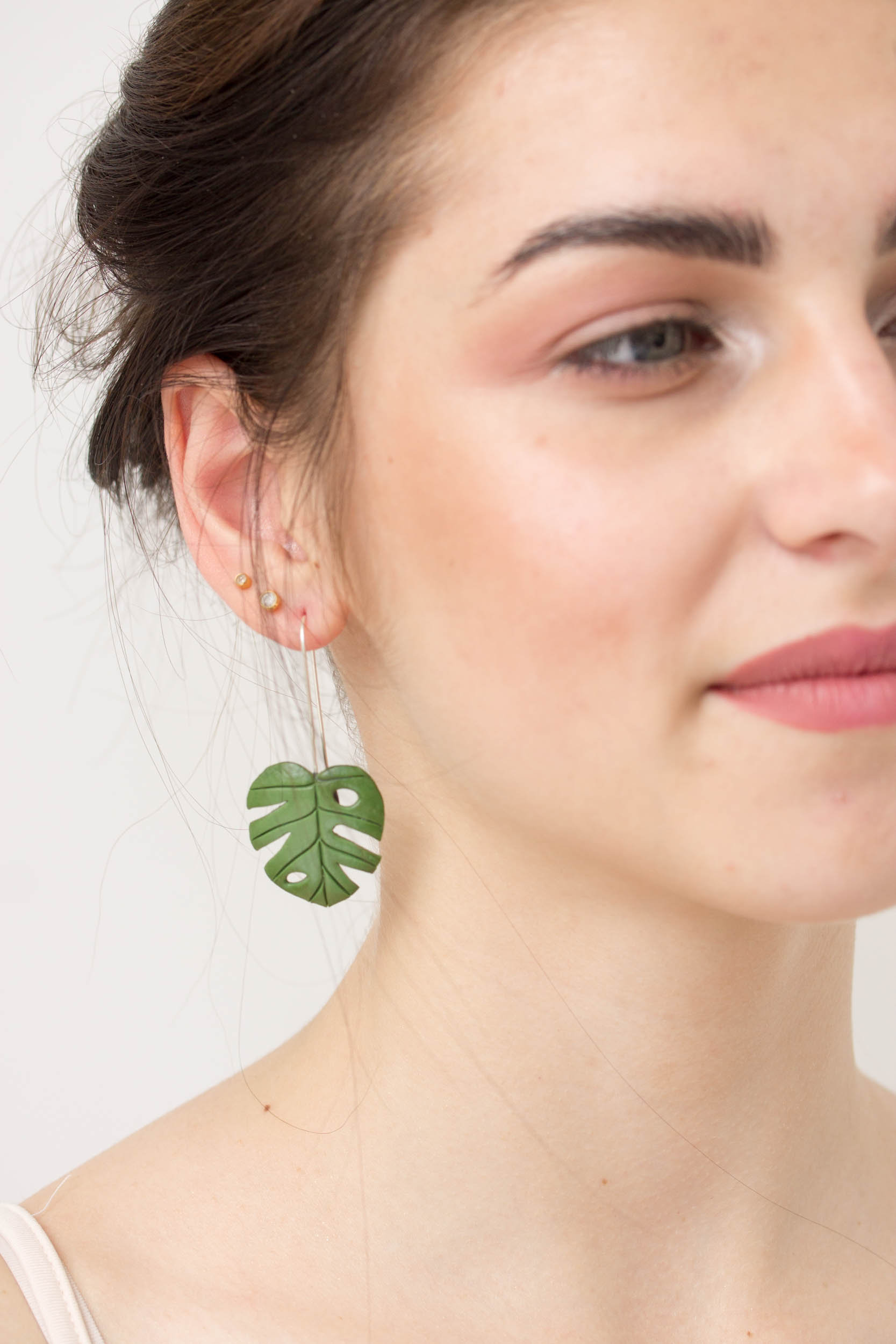 Monstera Leaf Earrings Green Clay Sculpted Long Dangle Drop | Etsy