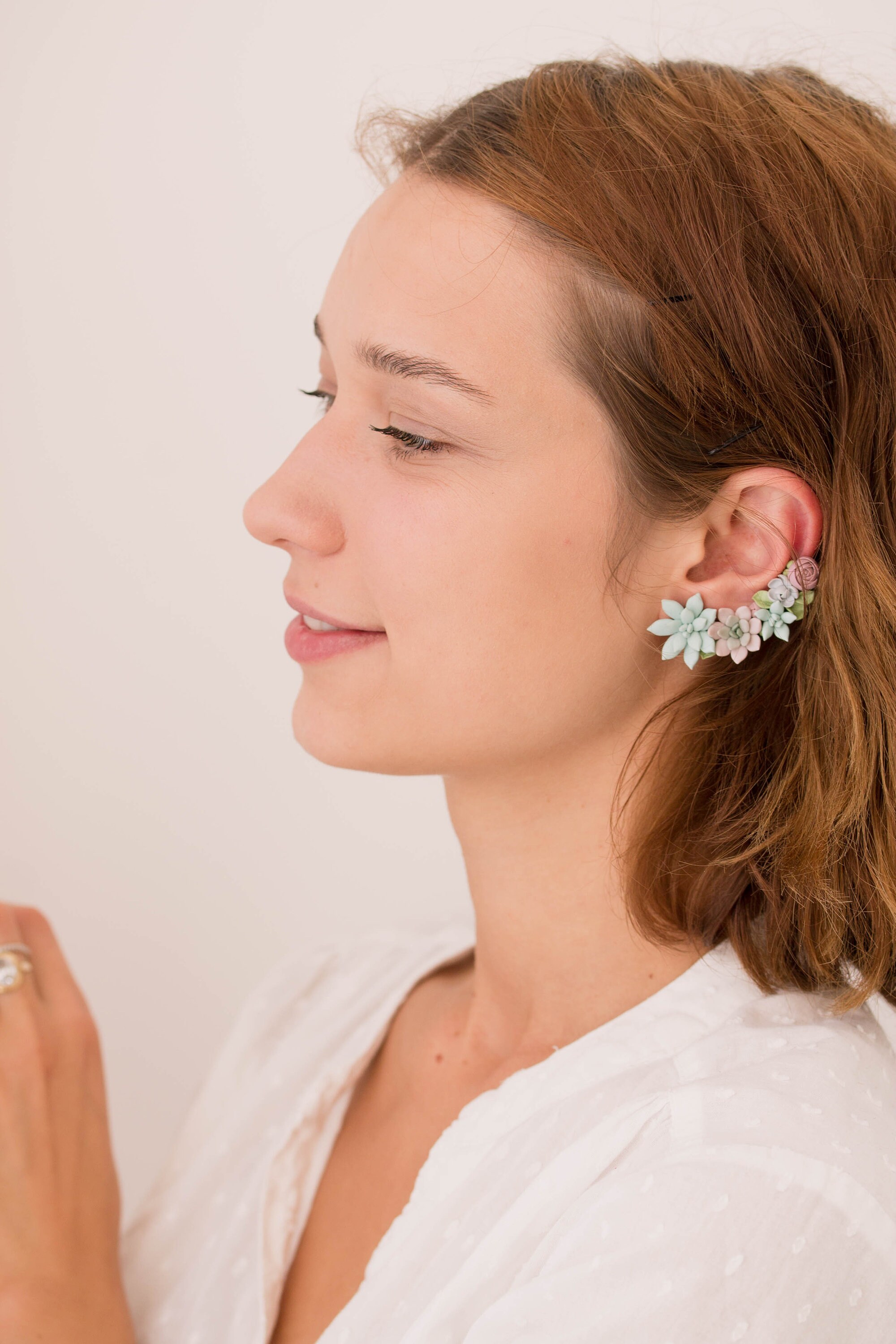 Pastel Succulent Ear Cuff, Botanical Ear Climber, Statement Earrings ...