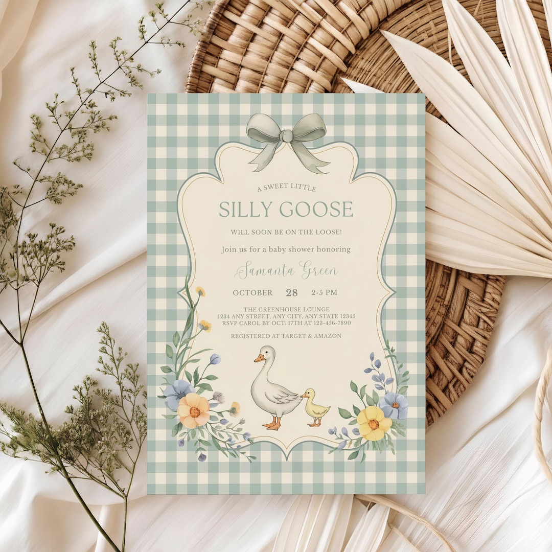 Silly Goose Baby Shower Invitation, Floral Bow Goose Theme Editable ...