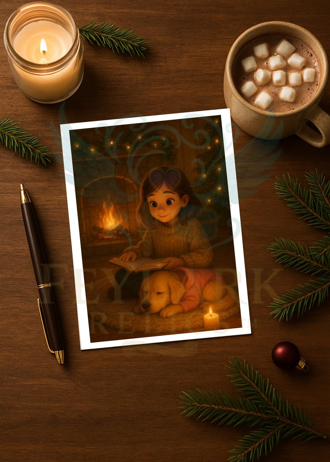 Cozy Christmas Card | Girl Reading With Golden Retriever (digital ...