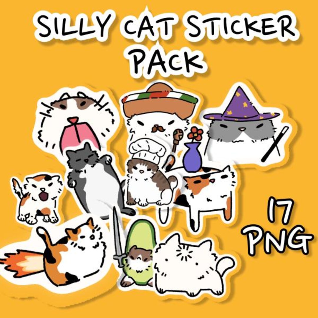 Funny Cute Silly Cat Sticker Pack – 17 Digital PNG Stickers, Cute ...