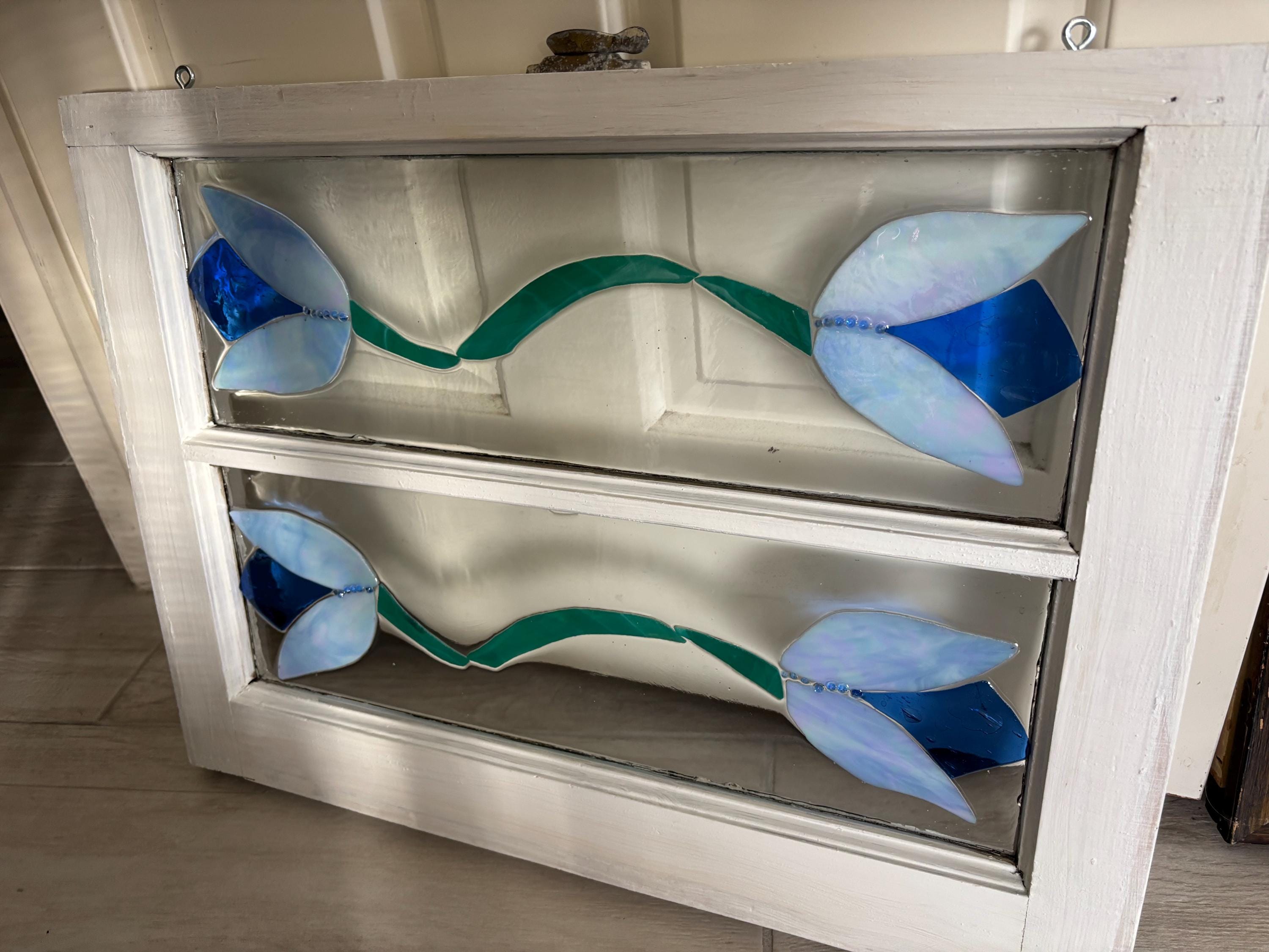 Upcycled Double Pane Transom Window Stained Glass Blue Tulips - Etsy