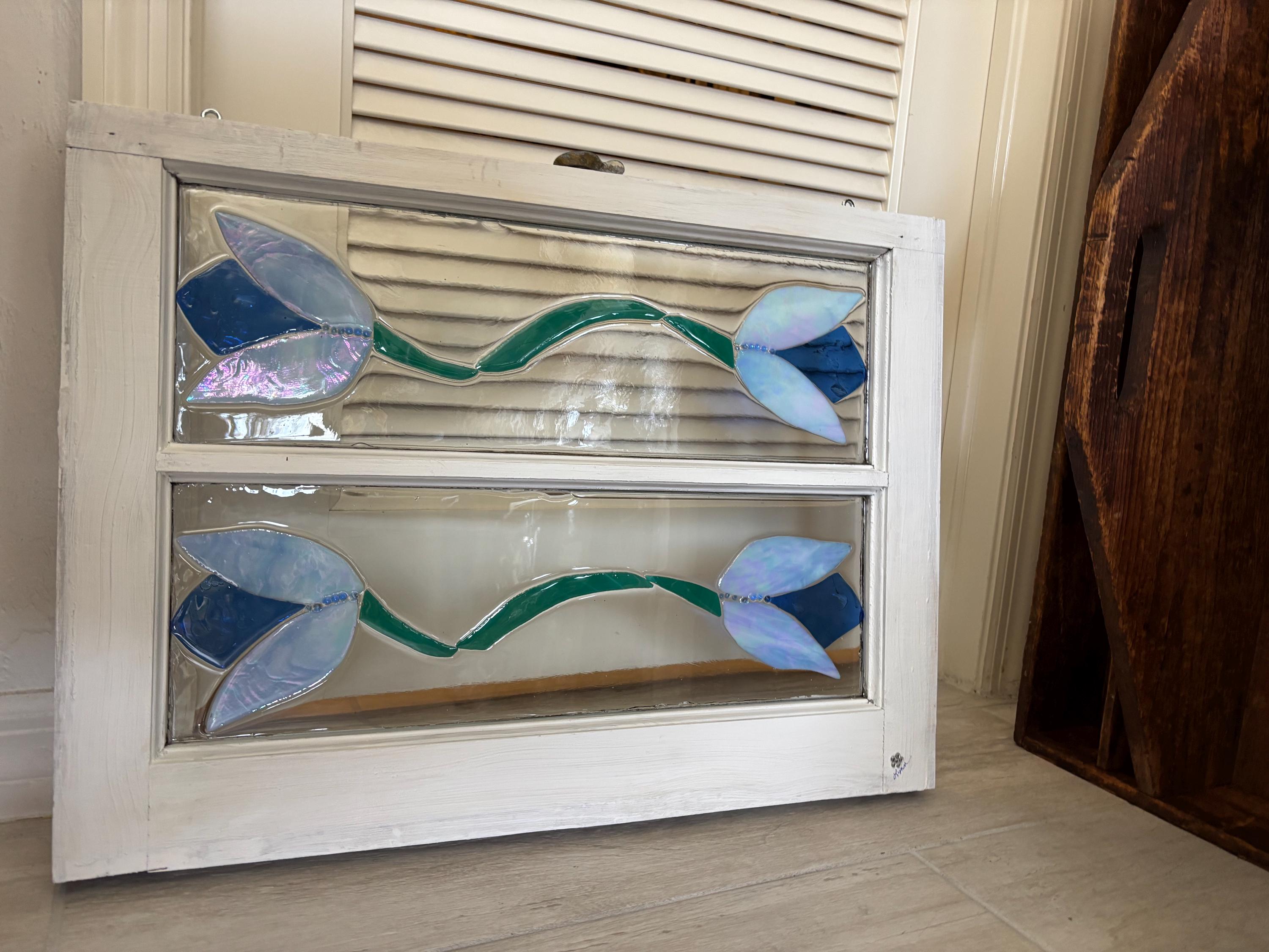 Upcycled Double Pane Transom Window Stained Glass Blue Tulips - Etsy
