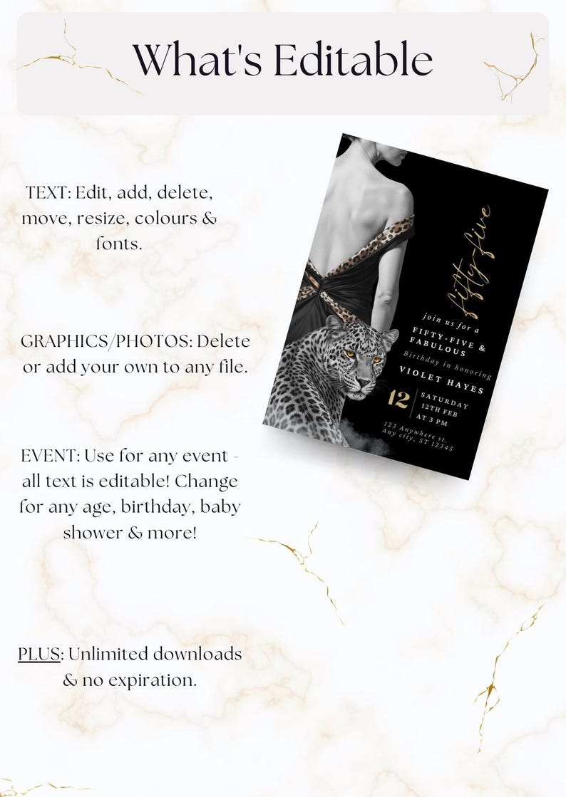 55th Birthday Invitation Canva Template, Luxury Fashion Magazine Style ...