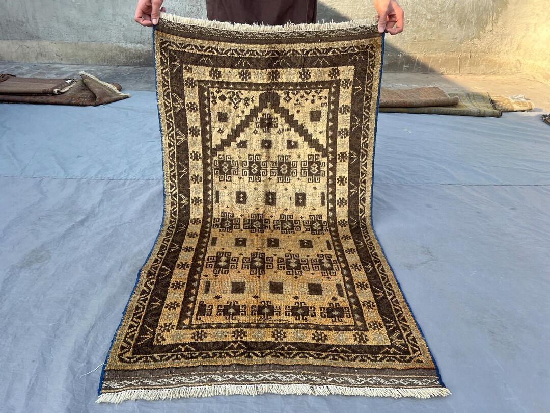 Vintage Afghan Baluchi Taymani Rug 2.5x4.5ft Beige Brown Cream Handmade ...