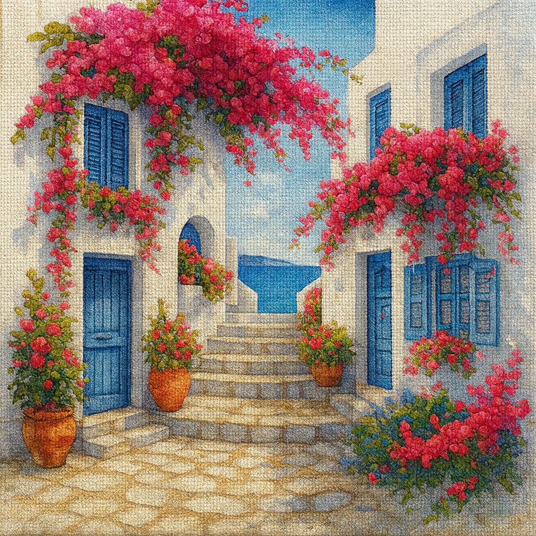 Cycladic Alley With Bougainvillea — Cross Stitch Pattern PDF (220×220 ...