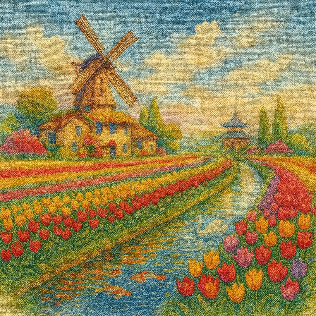 Cross Stitch Pattern — Dutch Tulip Fields Windmill & Canal (180×180 ...