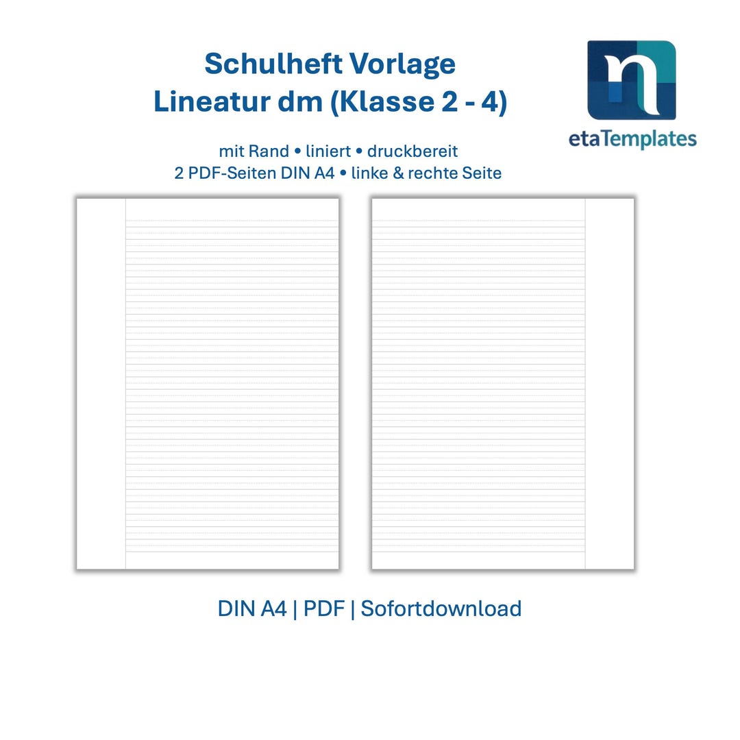 School Notebook Template for Grades 2-4 | Lined (dm) | DIN A4 PDF ...