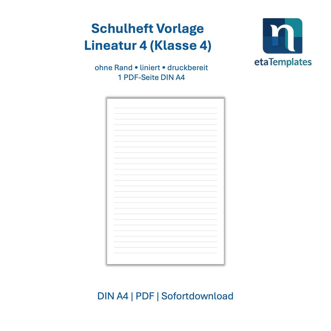 School Notebook Template for Grade 4 | Lined 4 | DIN A4 PDF for ...