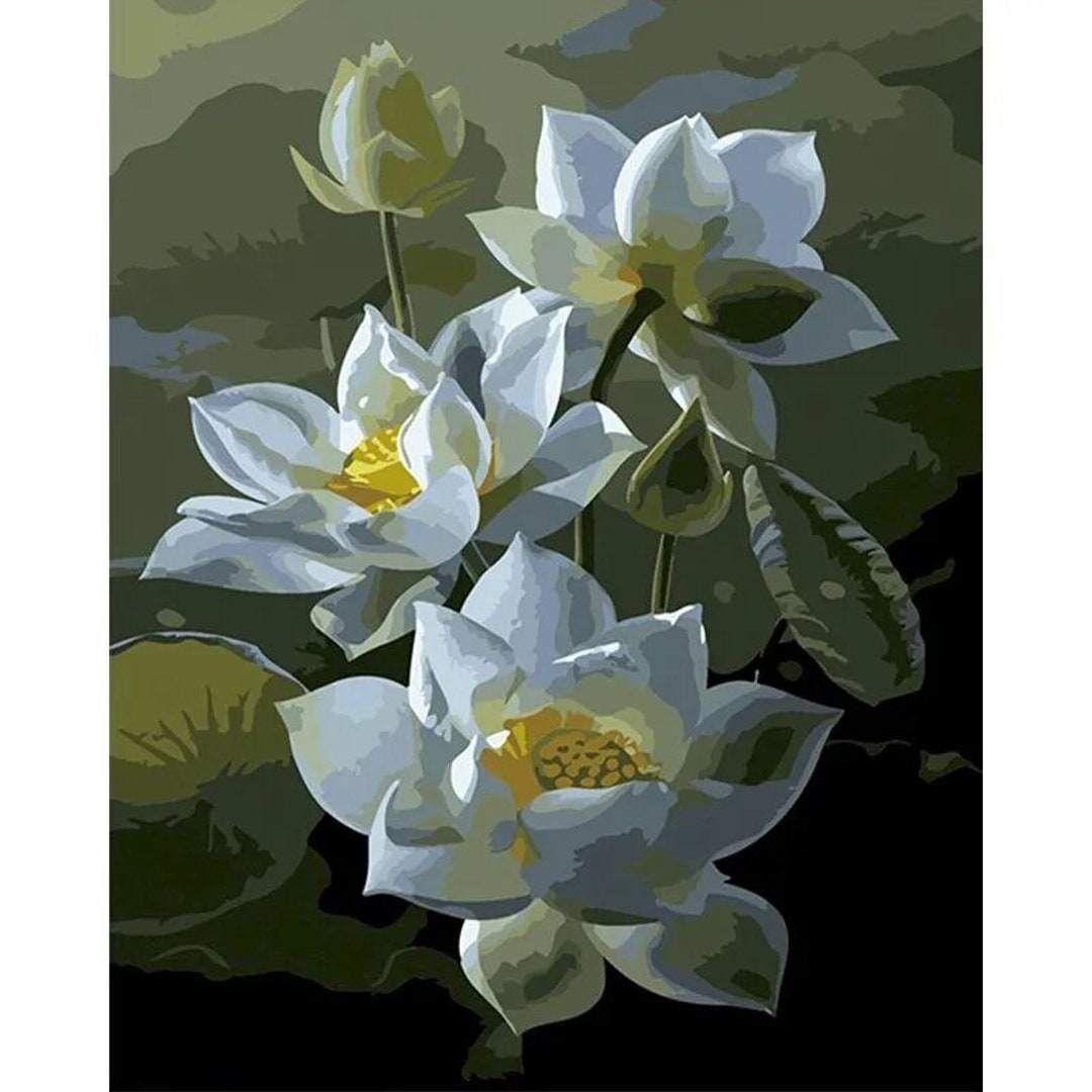 White Lotus Flower Paint by Number Kit, DIY Painting Kit, Painting on ...