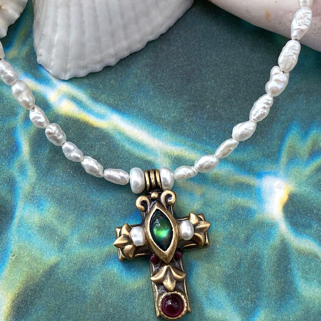 Garnet Abalone Cross Necklace: Gold Plated Freshwater Pearl Beaded ...