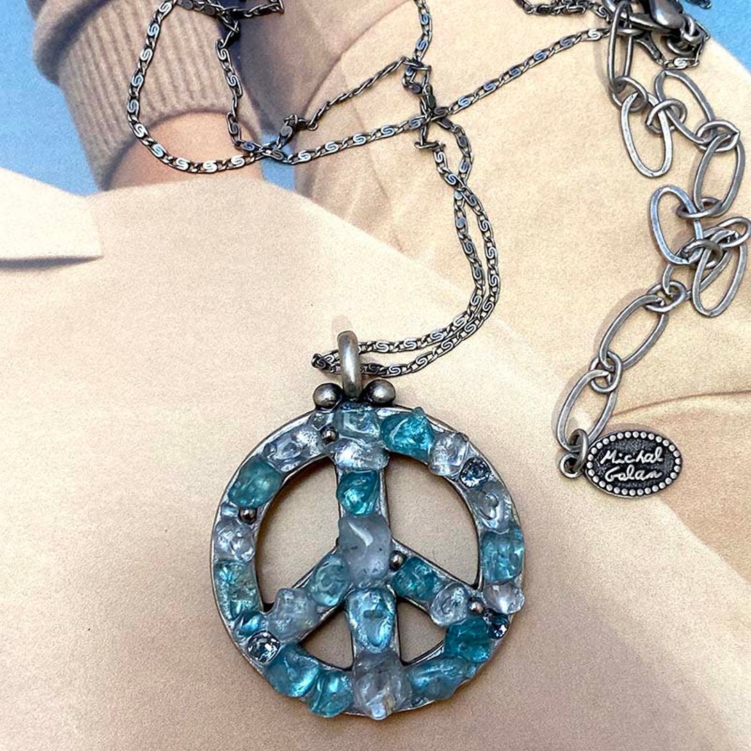Michal Golan Silver Aquamarine Crystal Peace Sign Necklace / Handmade ...