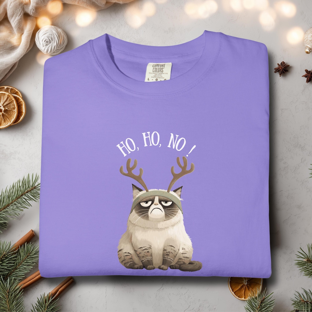 Ho, Ho, No! Grumpy Funny Cat Christmas Tshirt | Holiday Humor Cotton ...