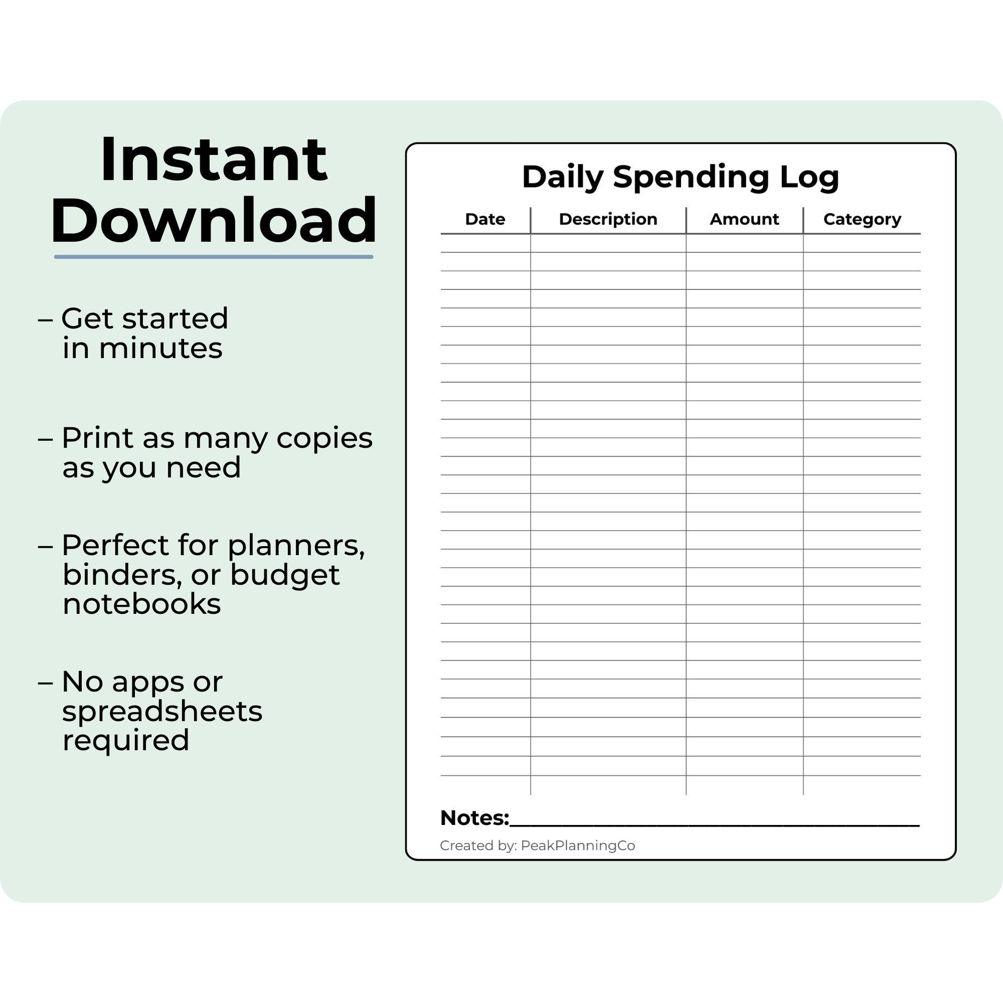 Daily Spending Log Printable | Expense Organizer & Money Tracker ...