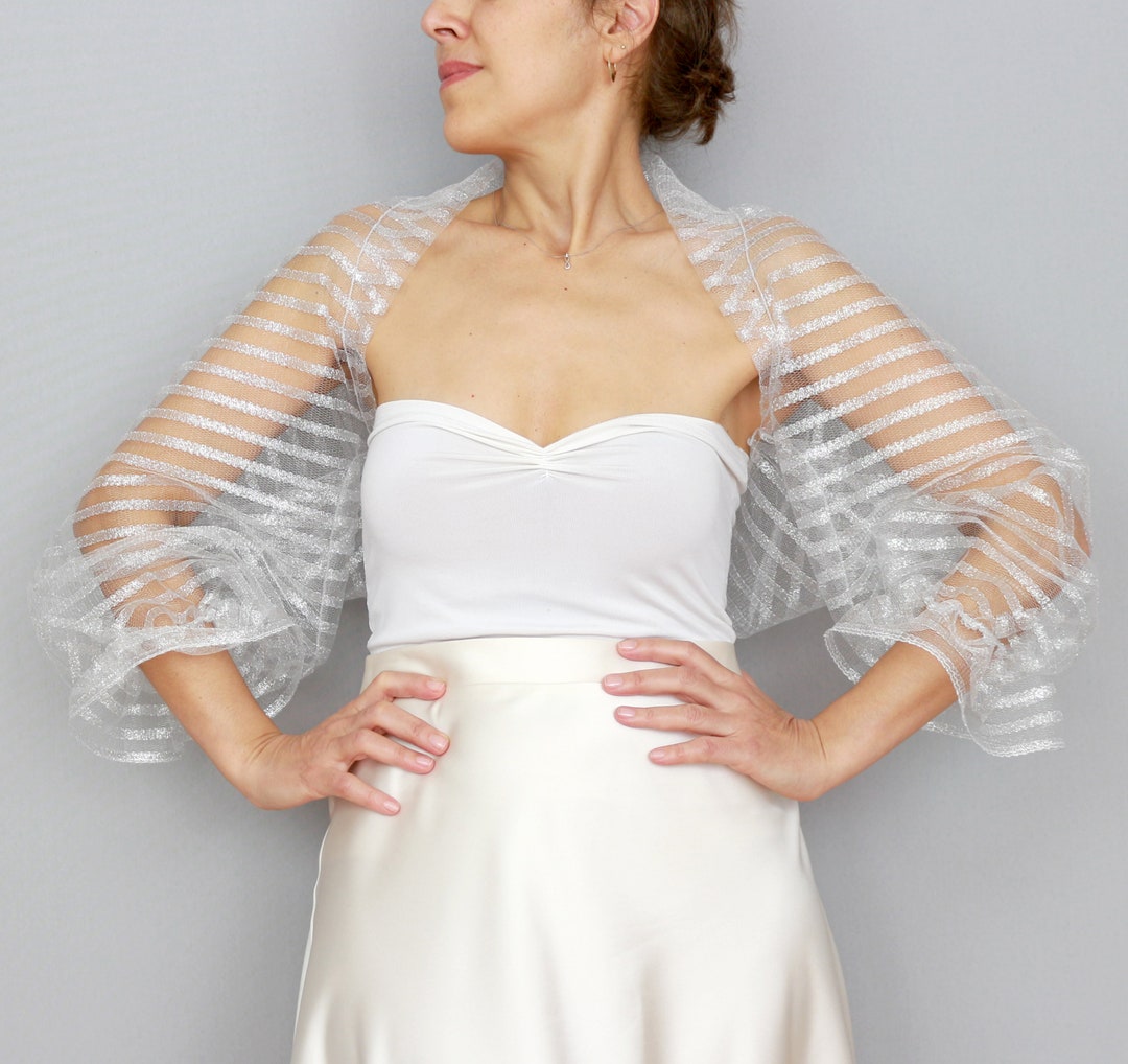Silver Striped Mesh Bridal Bolero Shrug Tulle Summer Wedding Jacket ...