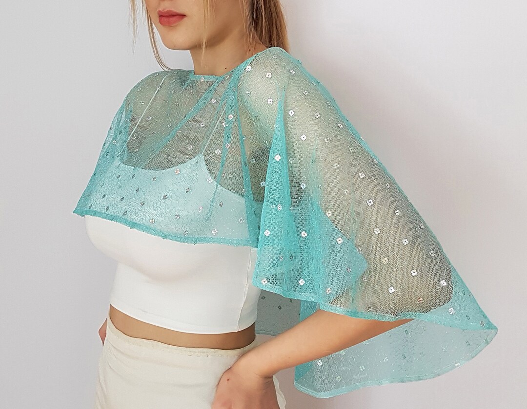 Sheer Turquoise Tulle Bridal Capelet, Sequin Mesh Wedding Shawl, Robin ...