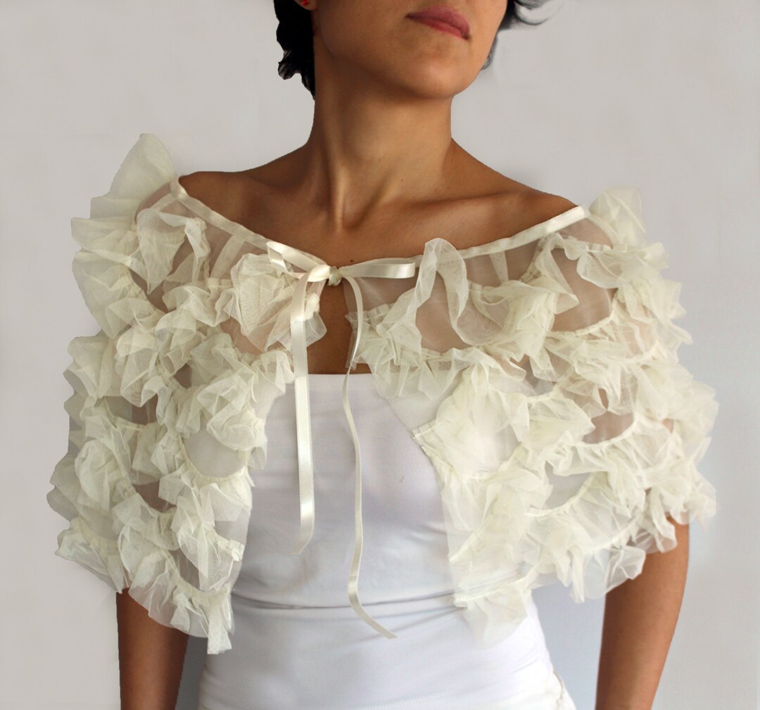 Cream Tulle Ruffled Wedding Short Cape, Bridalcapelet Dress Topper ...