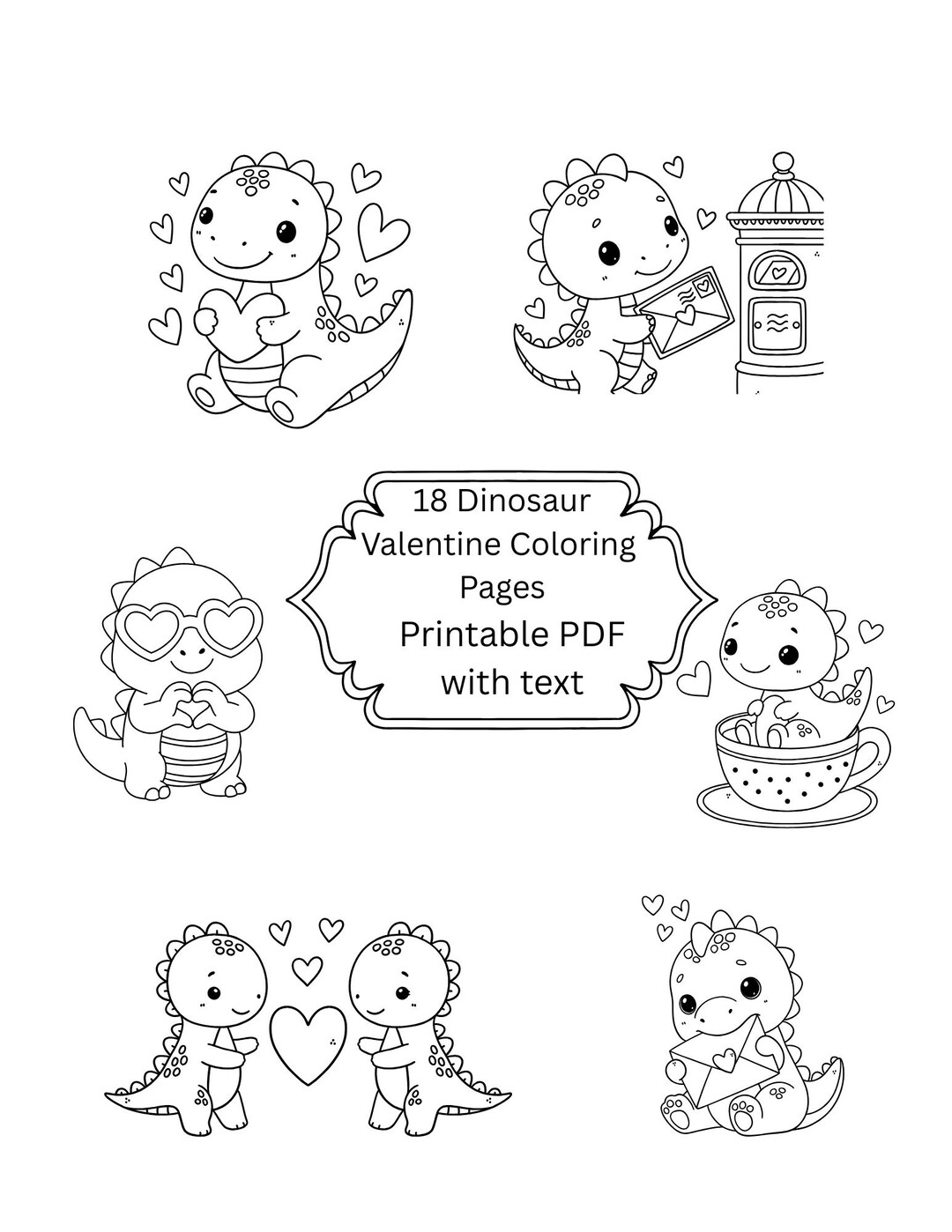 Dinosaur Valentine Coloring Pages | 18 Printable Kids Valentines (PDF ...