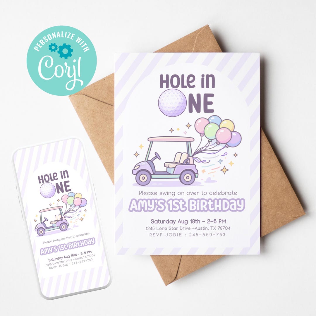 Golf First Birthday Invitation Template Editable, Hole in One Birthday ...