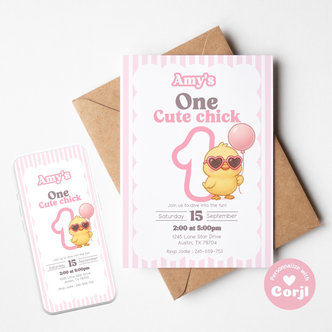 One Cute Chick Birthday Invitation, Instant Download, Chicken Birthday ...