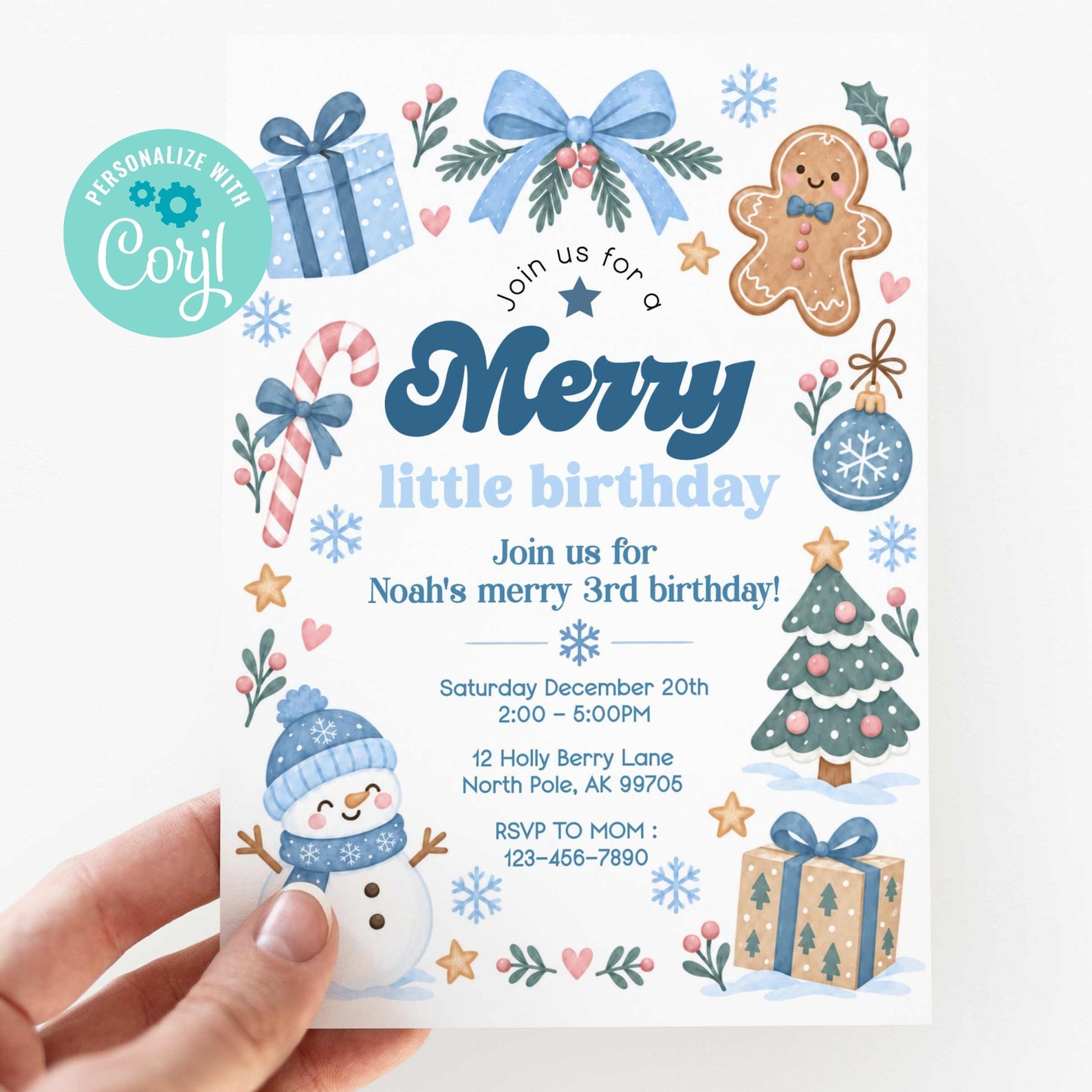 Merry Birthday Invitation, Blue Christmas Boy Party Template, Cute ...