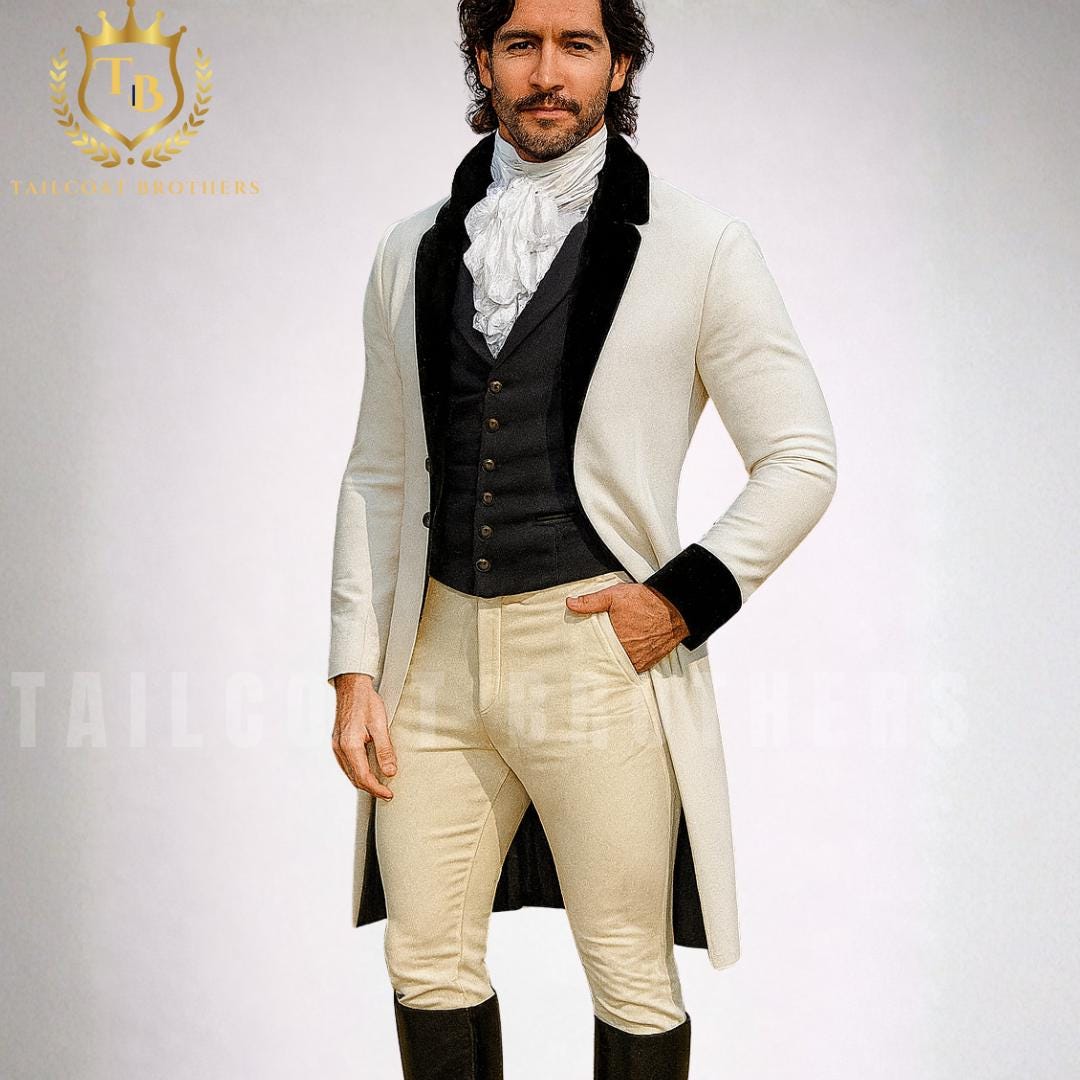 Men’s Ivory Regency Tailcoat Velvet Collar Victorian Jacket Edwardian ...