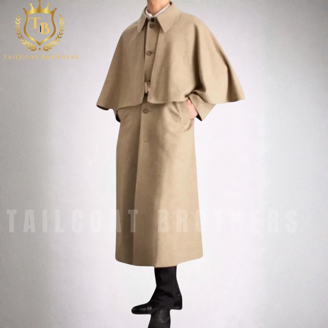Beige Wool Inverness Cape Coat for Men | Victorian Detective Cloak Coat ...