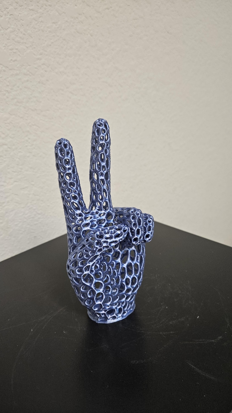 Peace Sign Hand Statue - Shimmering Silver Blue Color 3D Printed ...
