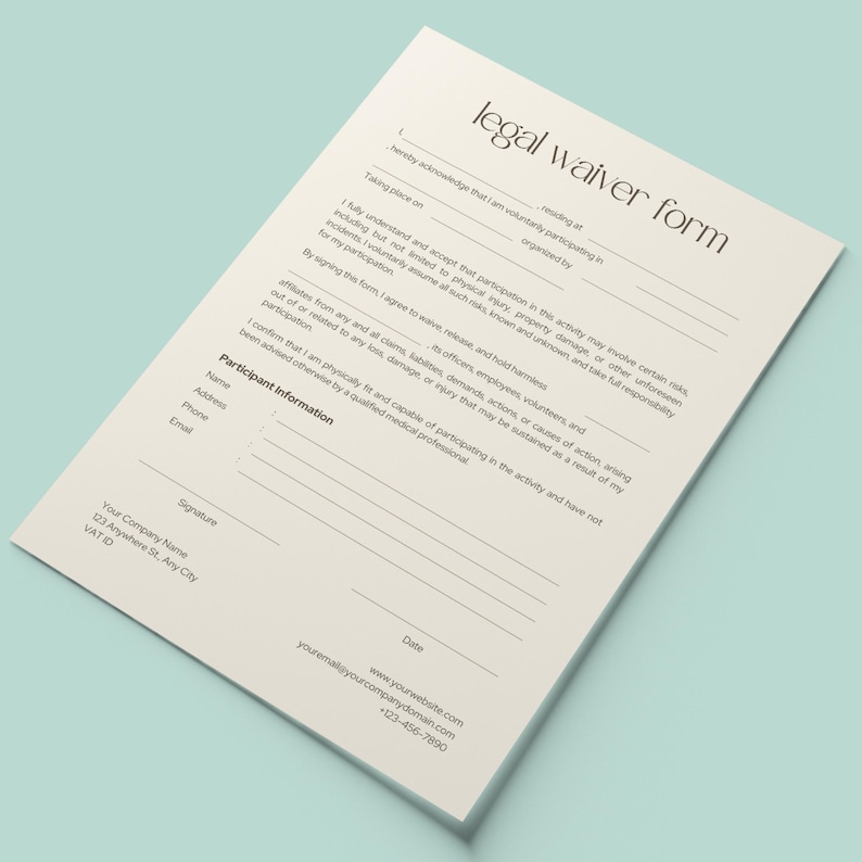 Digital Waiver Template Liability Release Form Editable Legal Document ...