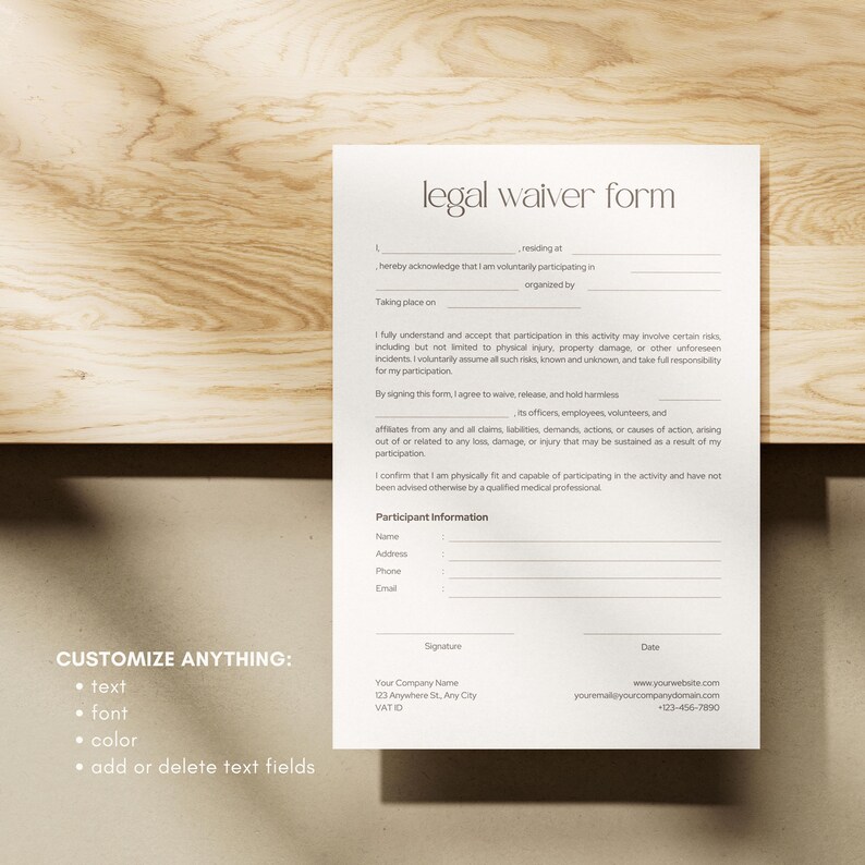 Digital Waiver Template Liability Release Form Editable Legal Document ...