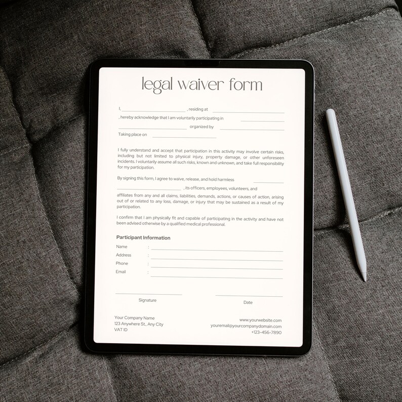 Digital Waiver Template Liability Release Form Editable Legal Document ...