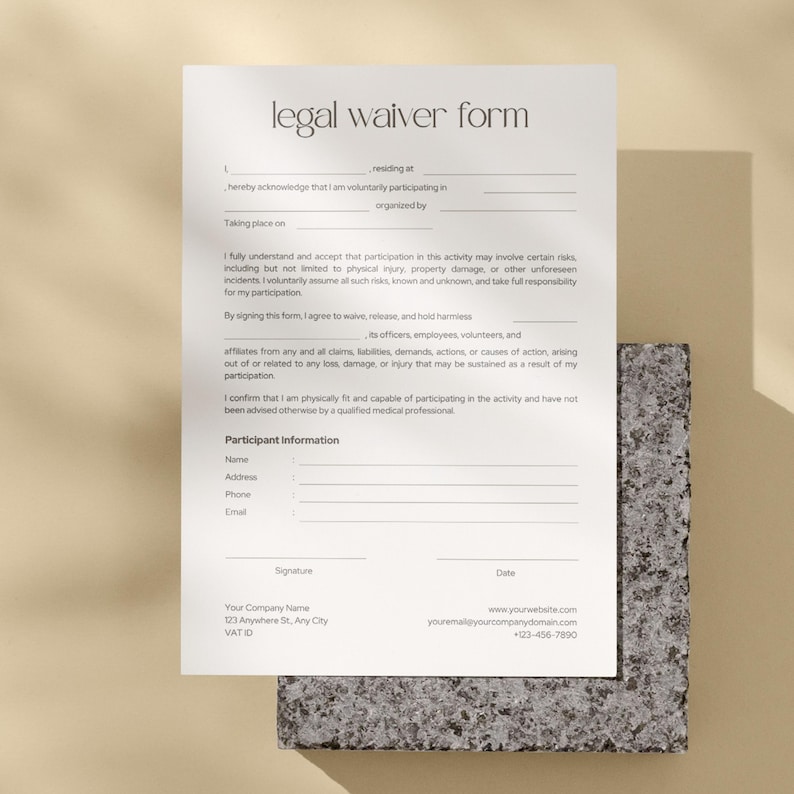 Digital Waiver Template Liability Release Form Editable Legal Document ...