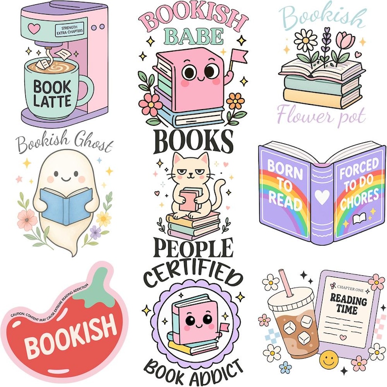 Girly Bookish Reading PNG Bundle, Trendy PNG Bundle Book Lover Quotes ...