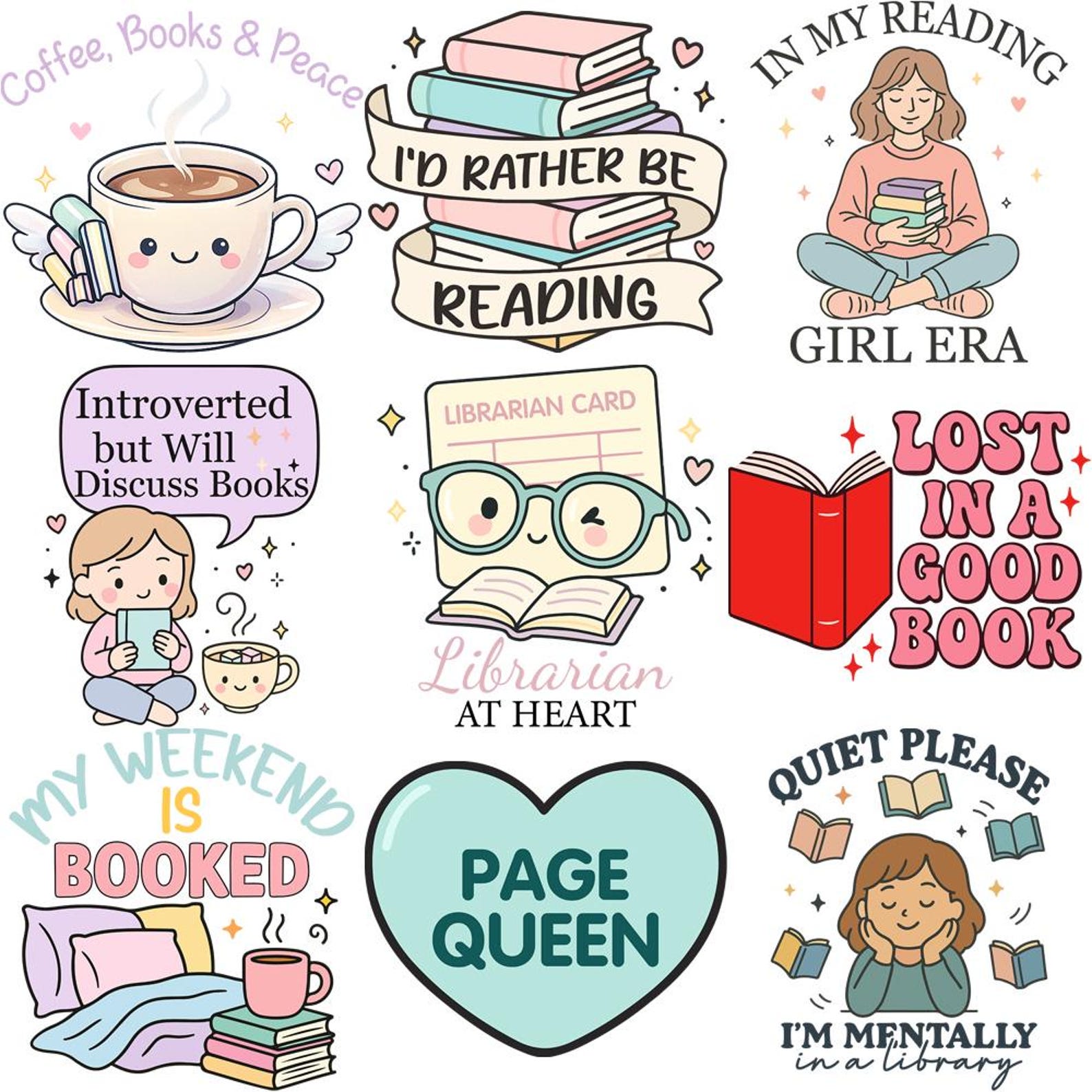 Girly Bookish Reading PNG Bundle, Trendy PNG Bundle Book Lover Quotes ...