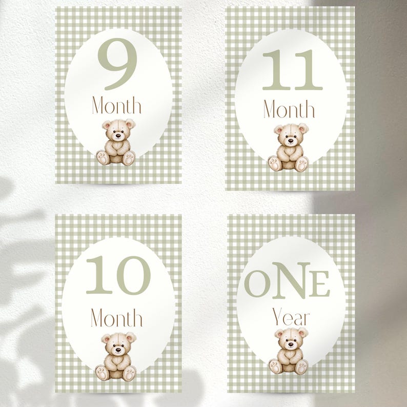 Baby Milestone Cards 12 Months Printable, Green Gingham Teddy Bear ...