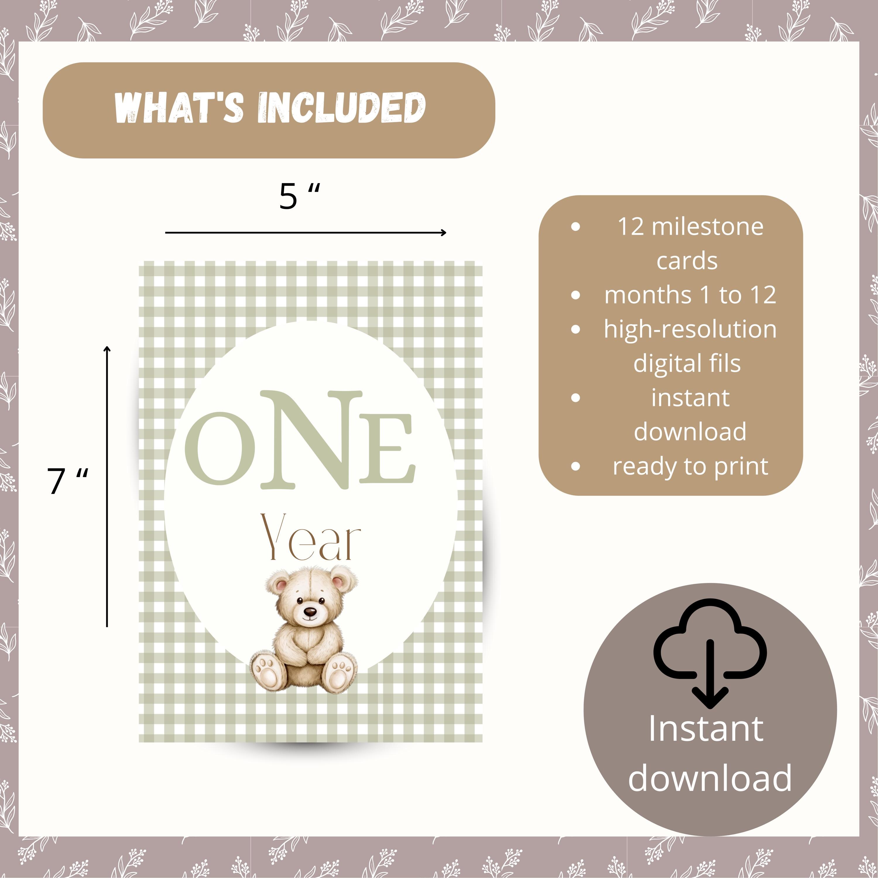 Baby Milestone Cards 12 Months Printable, Green Gingham Teddy Bear ...