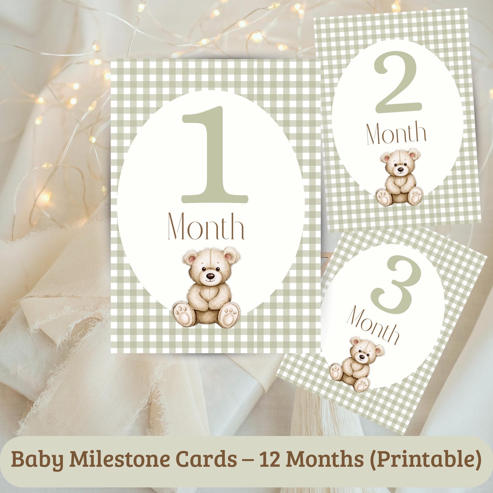 Baby Milestone Cards 12 Months Printable, Green Gingham Teddy Bear ...