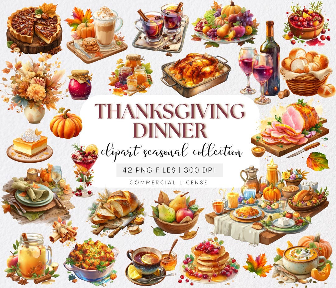 Thanksgiving Dinner Clipart Bundle | Holiday Dishes and Drinks ...