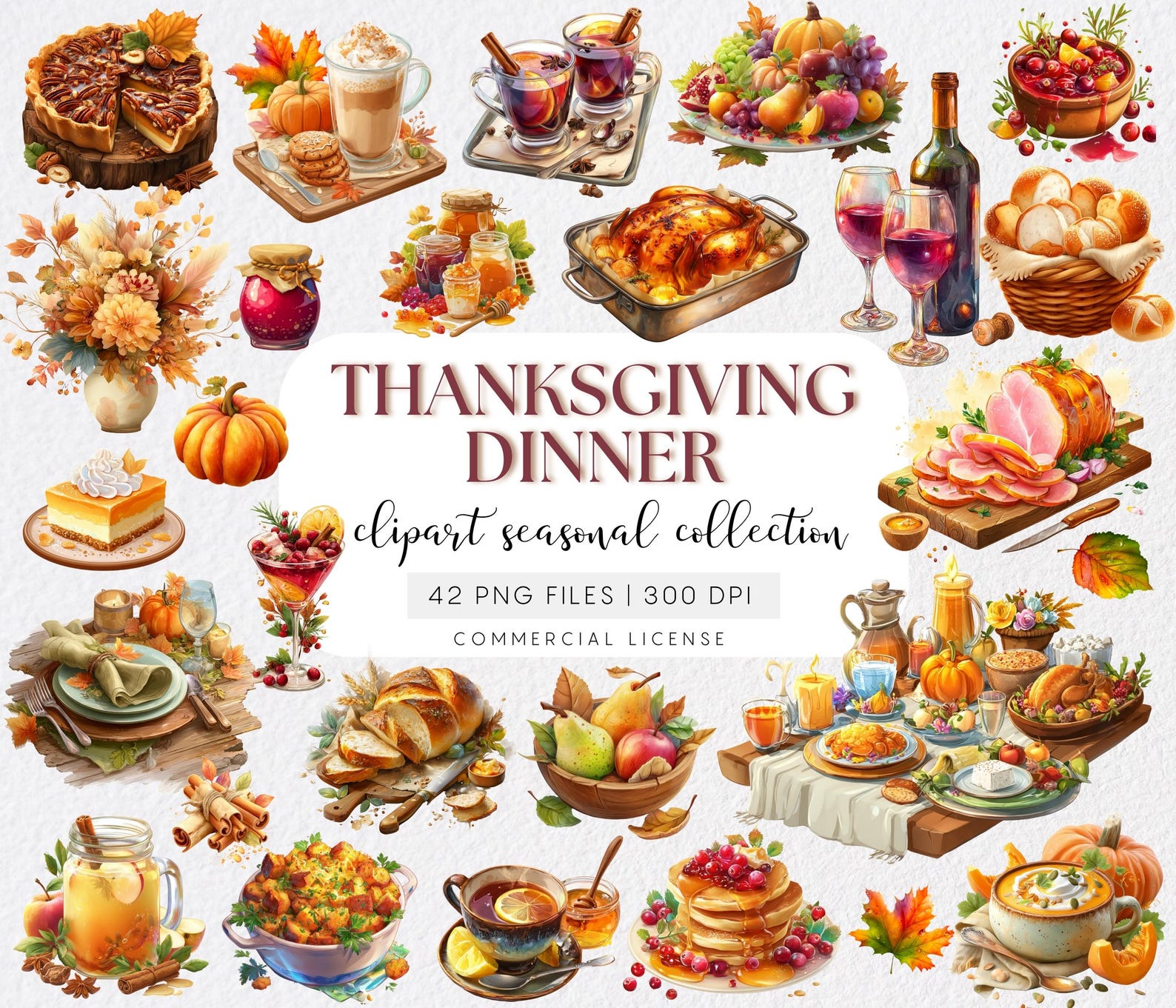 Thanksgiving Dinner Clipart Bundle | Holiday Dishes and Drinks ...