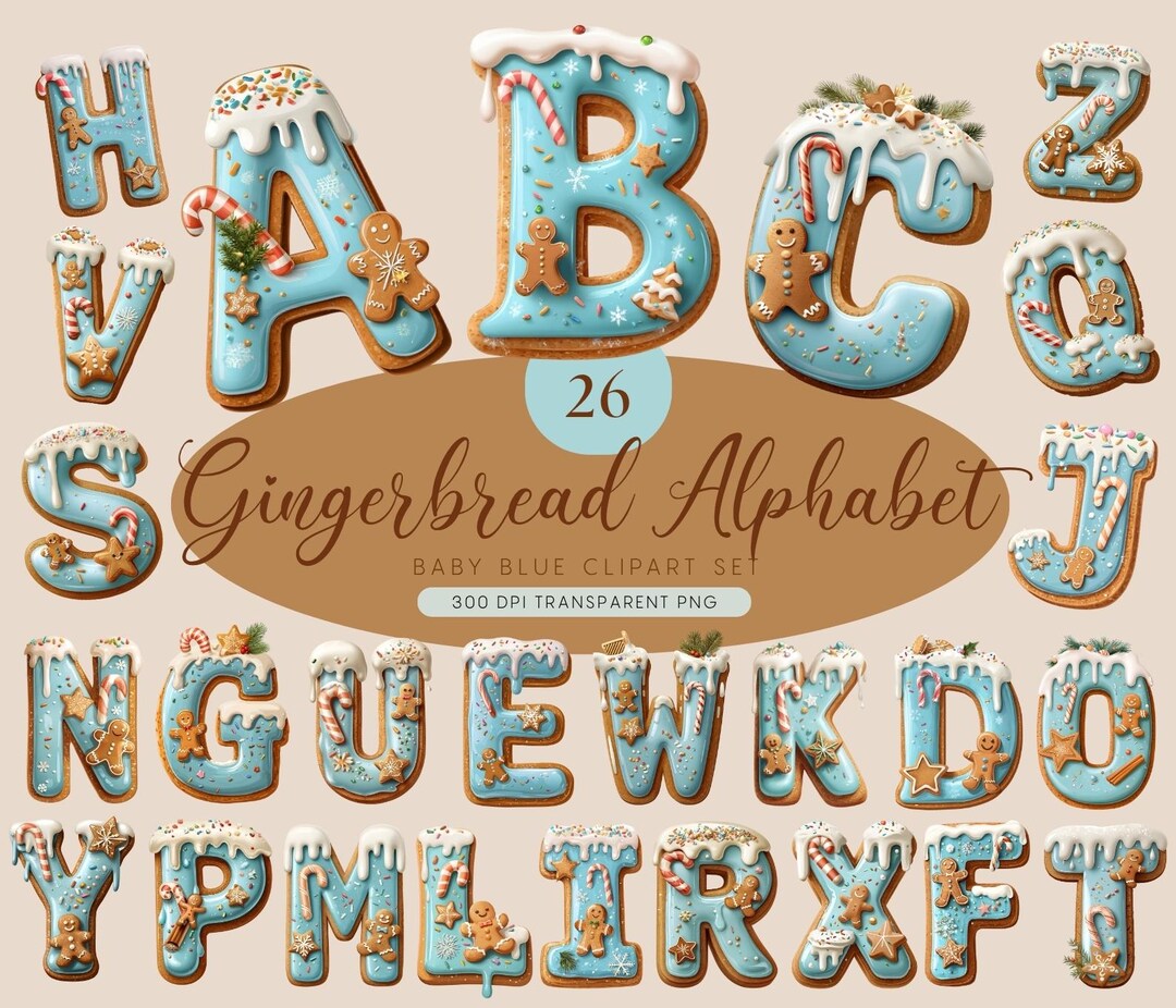 Gingerbread Alphabet Clipart – Baby Blue | Christmas Cookie Letters - Etsy