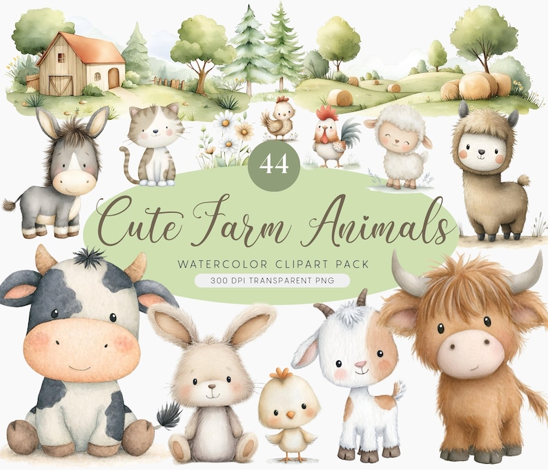 Watercolor Farm Animals Clipart, Baby Animals PNG - Etsy