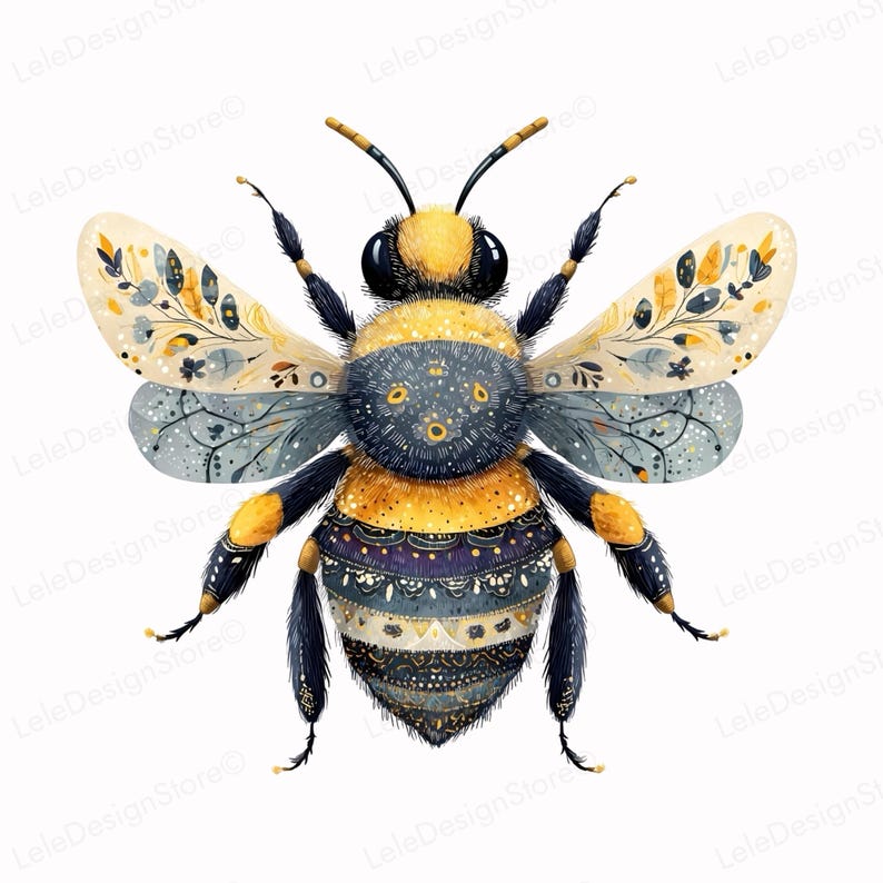 Folk Art Bee Clipart – 12 PNG Watercolor Bumblebees With Floral Design ...