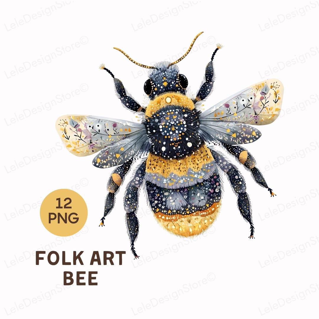 Folk Art Bee Clipart – 12 PNG Watercolor Bumblebees With Floral Design ...