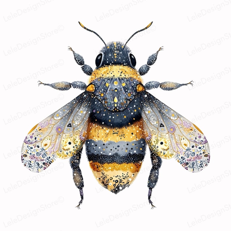 Folk Art Bee Clipart – 12 PNG Watercolor Bumblebees With Floral Design ...