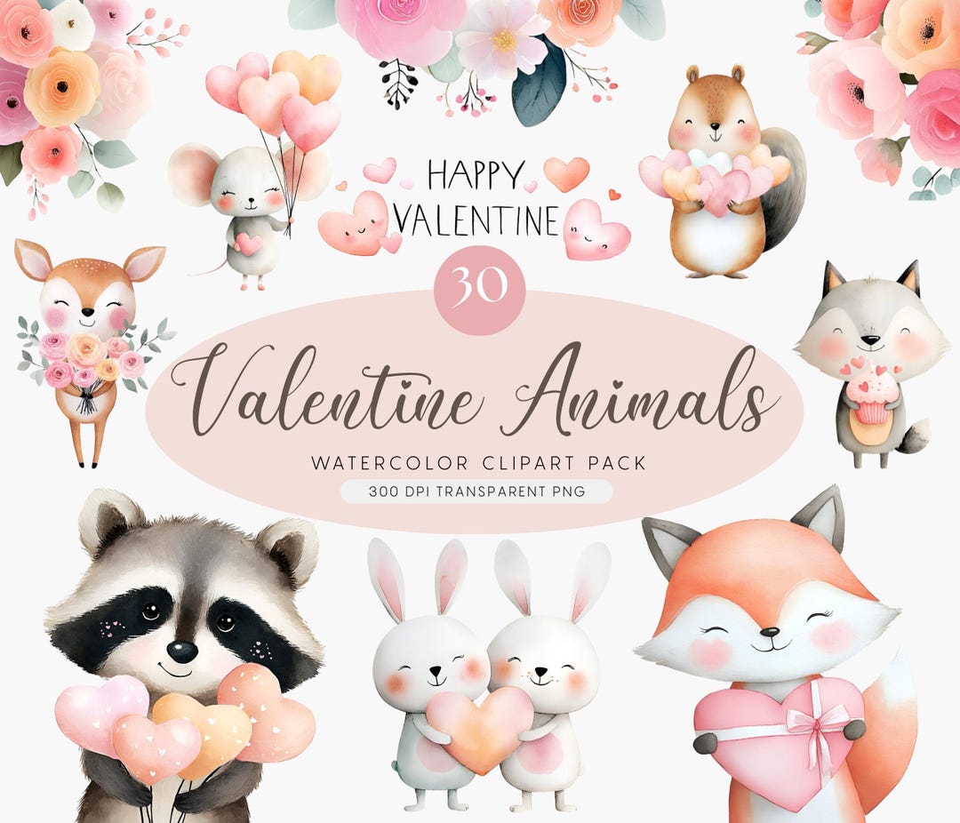 Valentine’s Day Animal Clipart - Watercolor Sweetheart Forest Friends ...