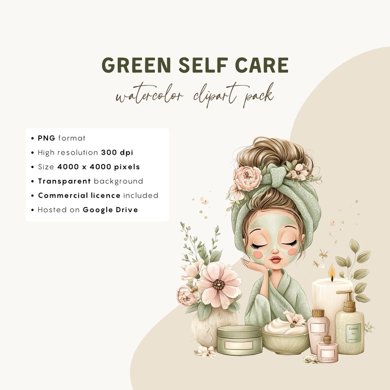 Green Self Care Clipart Set – 30 Watercolor Wellness Illustrations ...